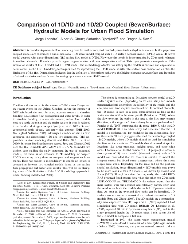 (PDF) Comparison of 1D/1D and 1D/2D coupled (sewer/surface) hydraulic ...
