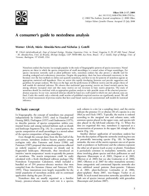 (PDF) A consumer's guide to nestedness analysis