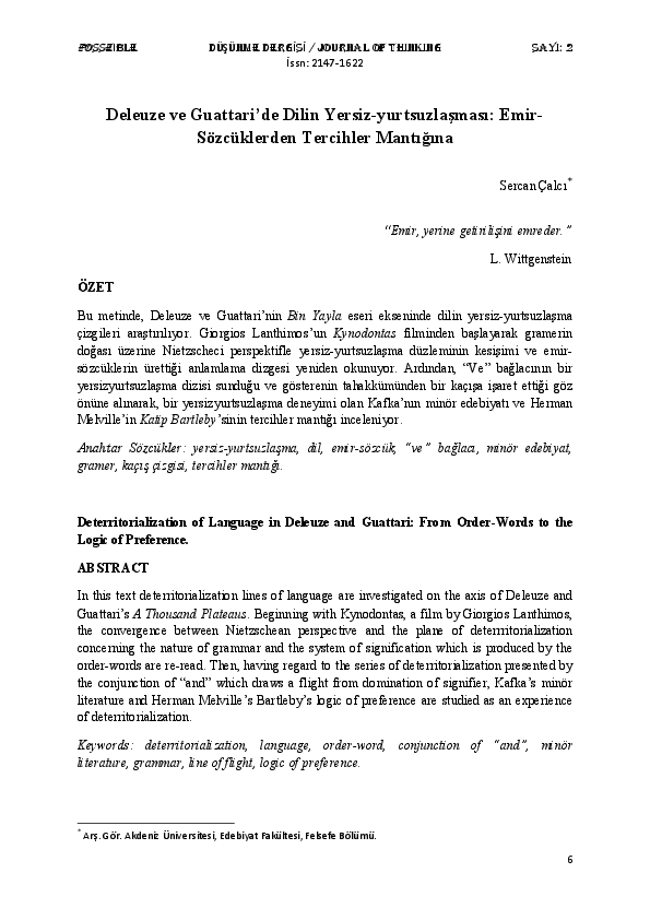 (PDF) Deleuze ve Guattari’de Dilin Yersiz-yurtsuzlaşması: Emir ...
