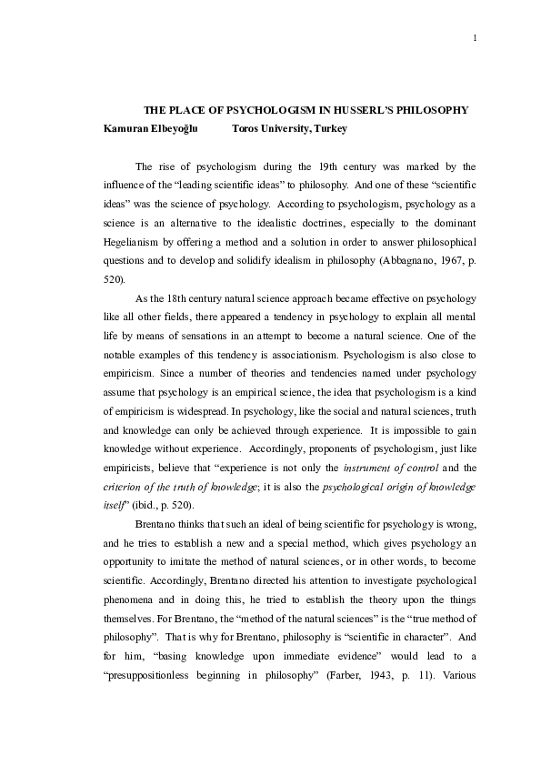 (DOC) THE PLACE OF PSYCHOLOGISM IN HUSSERL'S PHILOSOPHY