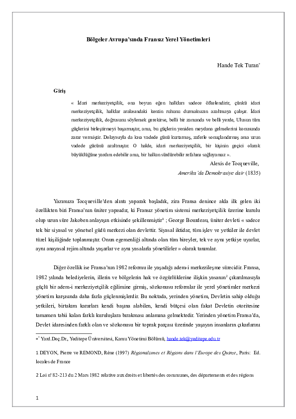 (PDF) Bölgeler Avrupa’sında Fransız Yerel Yönetimleri