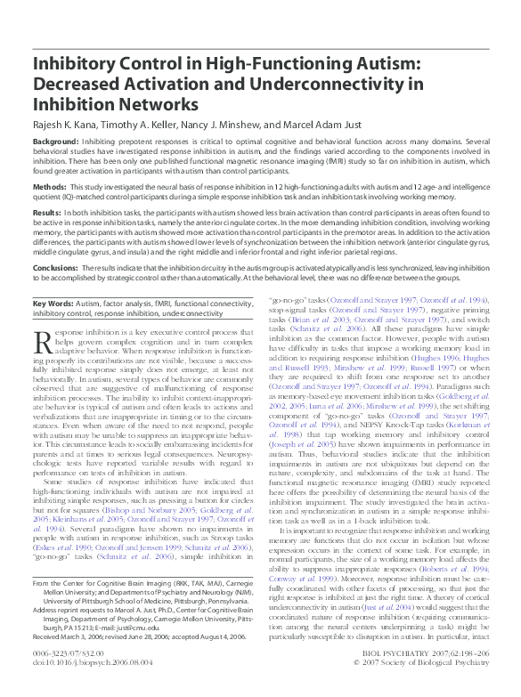 (PDF) Inhibitory Control in High-Functioning Autism: Decreased Activation and Underconnectivity ...