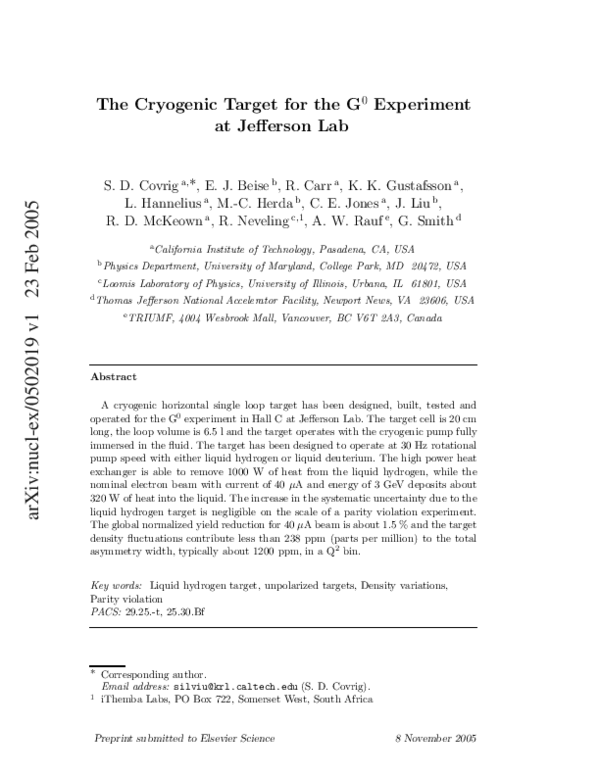 (PDF) The cryogenic target for the G 0 experiment at Jefferson lab