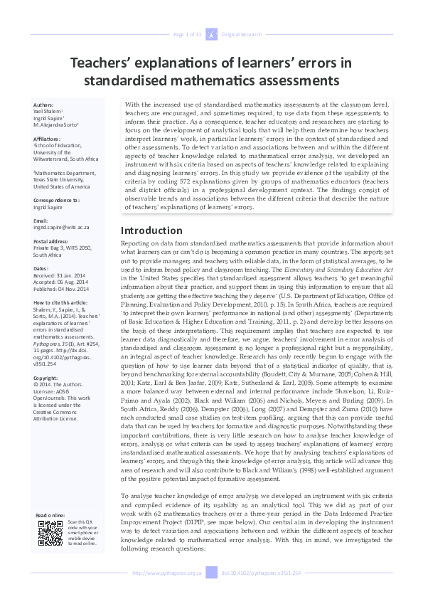 (PDF) Teachers’ explanations of learners’ errors in standardised mathematics assessments