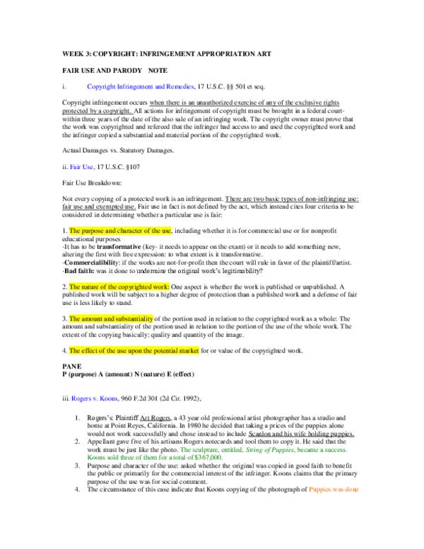 (DOC) Infringement and Appropriation Art Law