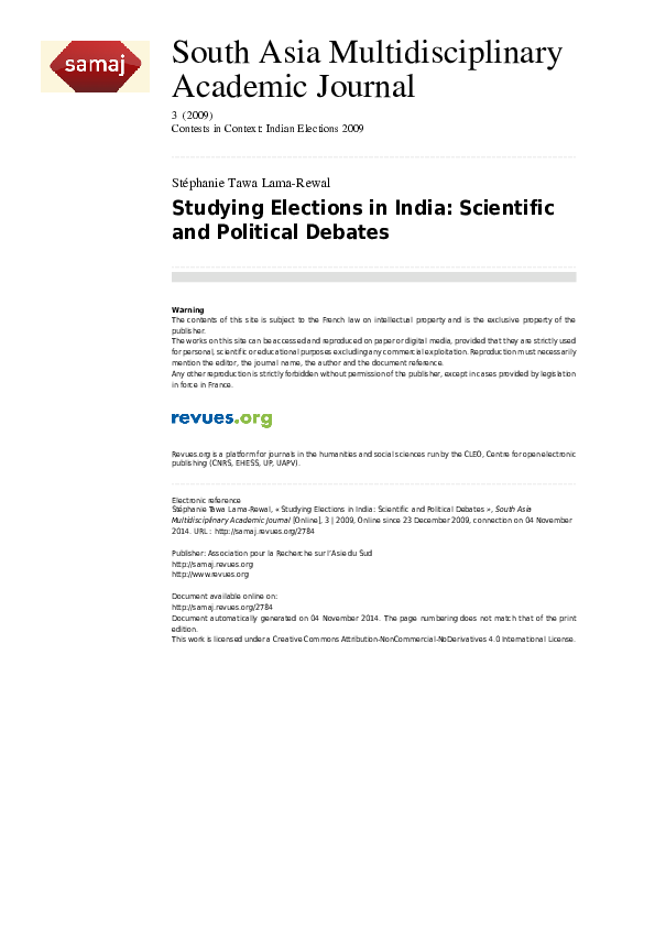 (PDF) Studying Elections in India: Scientific and Political Debates