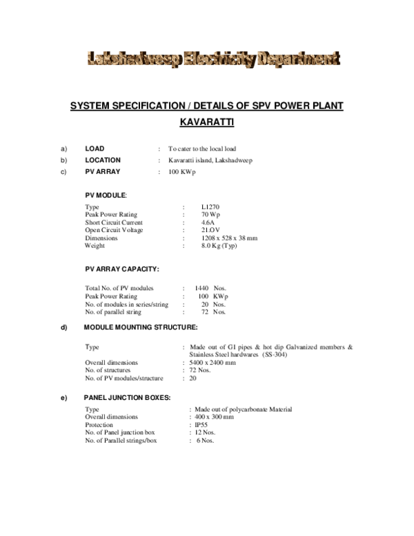 (PDF) SYSTEM SPECIFICATION / DETAILS OF SPV POWER PLANT