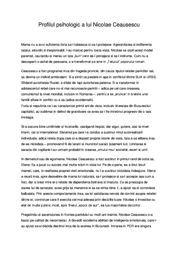(DOC) Profilul psihologic a lui Nicolae Ceausescu