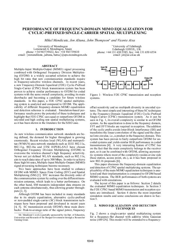 Pdf Performance Of Frequency Domain Mimo Equalization For Cyclic Prefixed Single Carrier