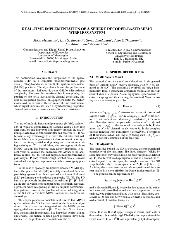 Pdf Real Time Implementation Of A Sphere Decoder Based Mimo Wireless