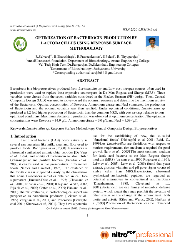 Pdf Optimization Of Bacteriocin Production By Lactobacillus Using Response Surface Methodology