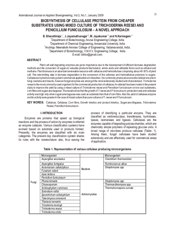 Pdf Biosynthesis Of Cellulase Protein From Cheaper Substrates Using Mixed Culture Of