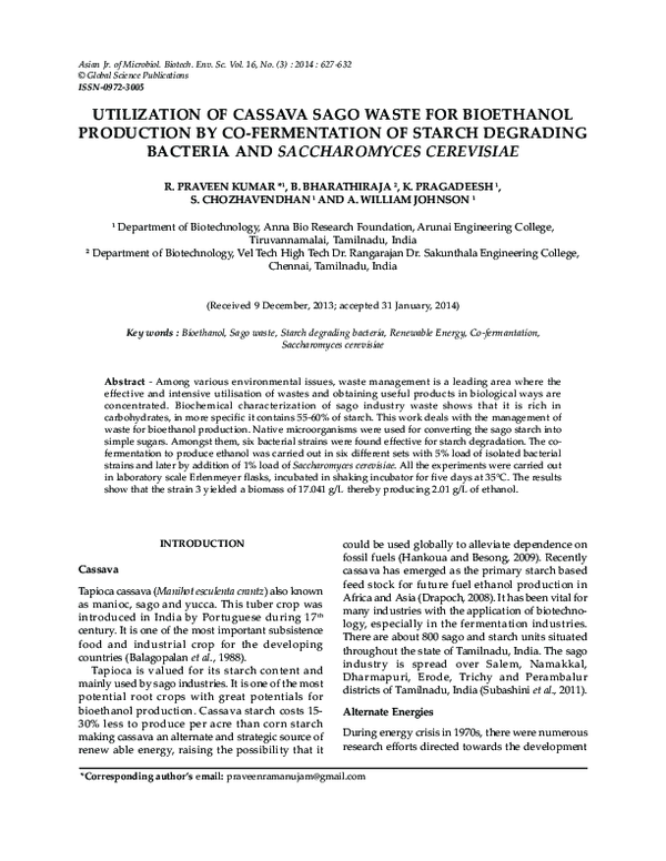 (PDF) UTILIZATION OF CASSAVA SAGO WASTE FOR BIOETHANOL PRODUCTION BY CO-FERMENTATION OF STARCH ...