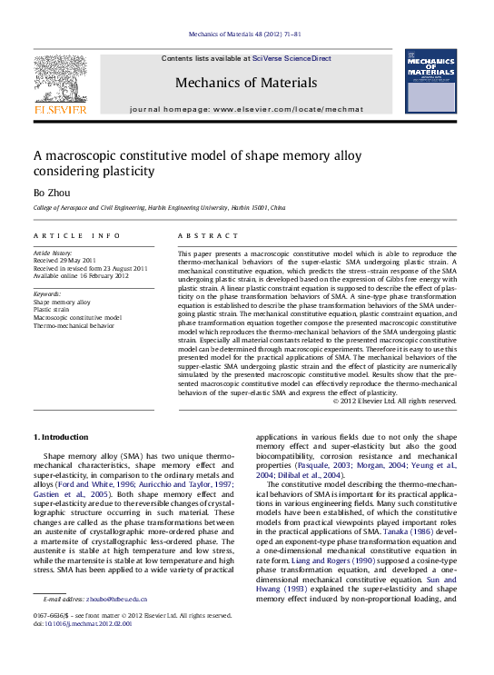 (PDF) A macroscopic constitutive model of shape memory alloy ...