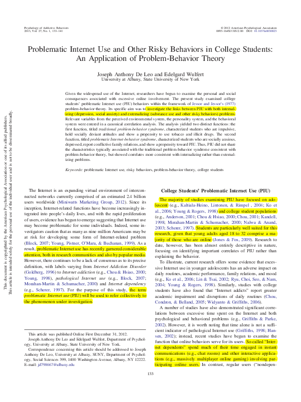 (PDF) Problematic Internet Use and Other Risky Behaviors in College ...