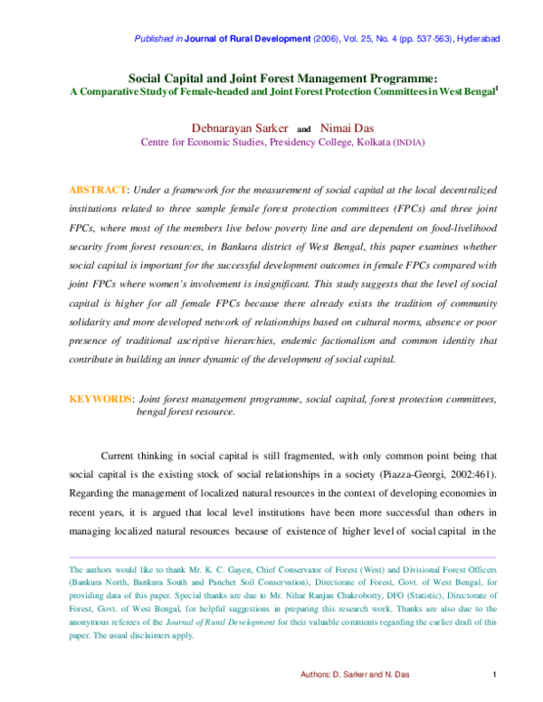 (PDF) Social Capital and Joint Forest Management Programme: A ...