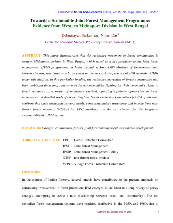(PDF) Towards a Sustainable Joint Forest Management Programme: Evidence ...