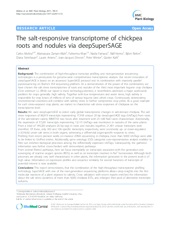 (PDF) The salt-responsive transcriptome of chickpea roots and nodules via deepSuperSAGE | Nadia ...