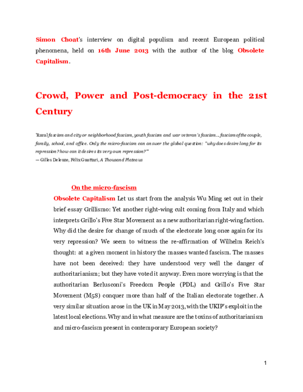 (PDF) Crowd, Power and Post-Democracy in the 21st Century: An Interview ...