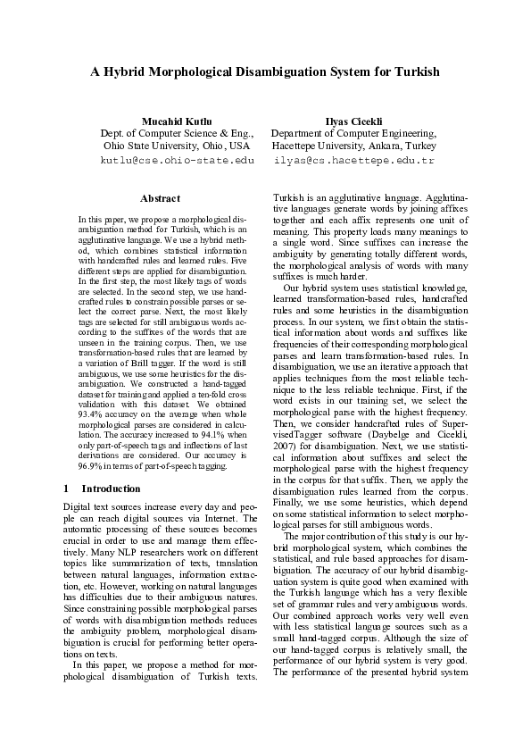 (PDF) A Hybrid Morphological Disambiguation System for Turkish