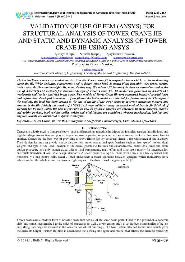 Pdf Validation Of Use Of Fem Ansys For Structural Analysis Of Tower Crane Jib And Static And