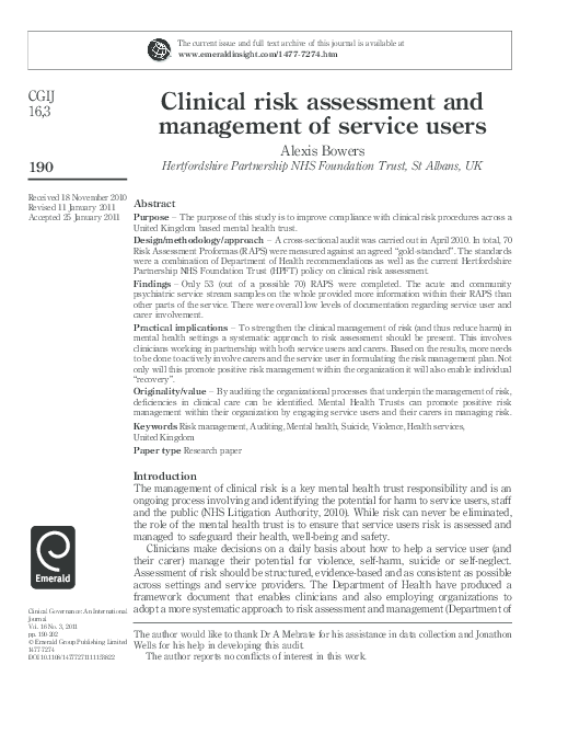 (PDF) Clinical risk assessment and management of service users