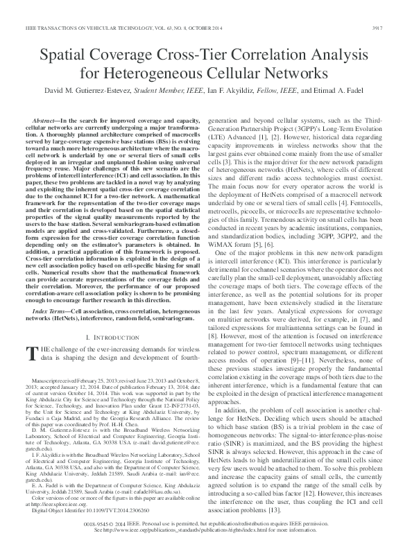 (PDF) Spatial Coverage Cross-Tier Correlation Analysis for Heterogeneous Cellular Networks