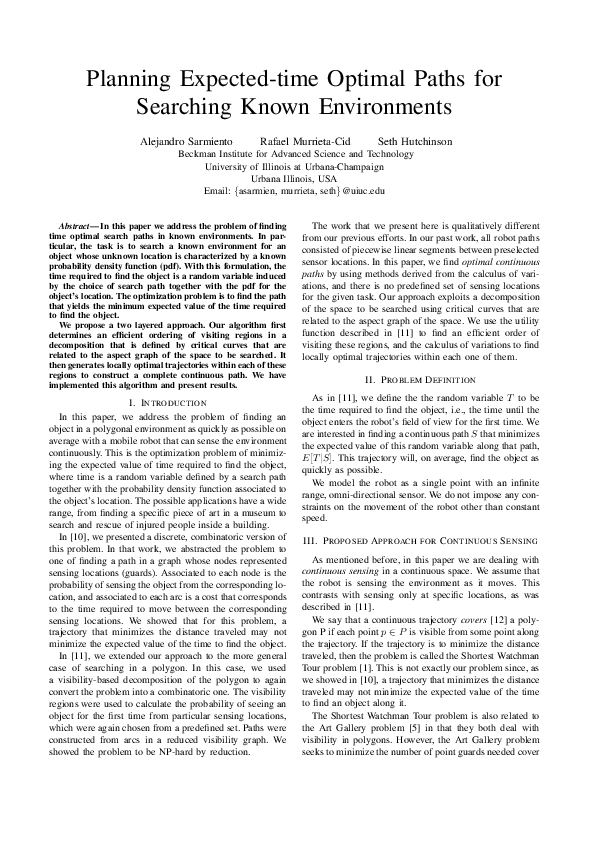(PDF) Planning expected-time optimal paths for searching known environments | Alejandro ...