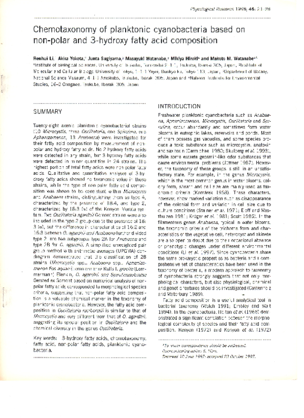 (PDF) Chemotaxonomy of planctonic cyanobacteria based on non-polar and ...