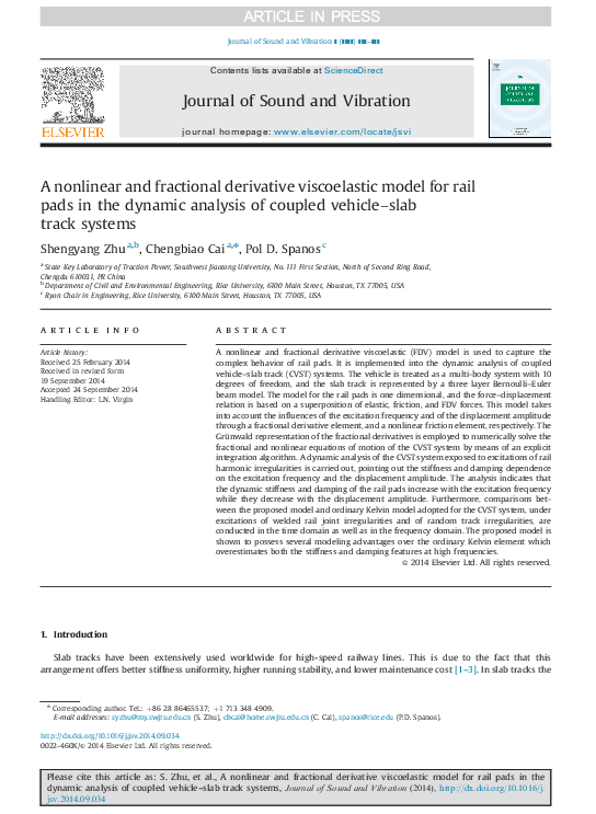 (PDF) A nonlinear and fractional derivative viscoelastic model for rail pads in the dynamic ...