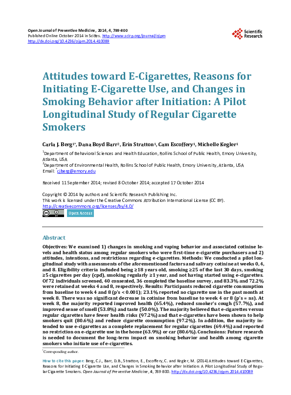 (PDF) Attitudes toward E-Cigarettes, Reasons for Initiating E-Cigarette ...