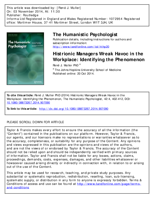(PDF) Histrionic Managers Wreak Havoc in the Workplace: Identifying the ...