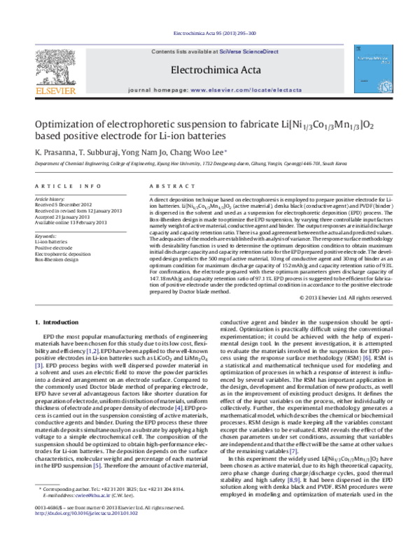 (PDF) Optimization of electrophoretic suspension to fabricate Li[Ni1/3Co1/3Mn1/3]O2 based ...