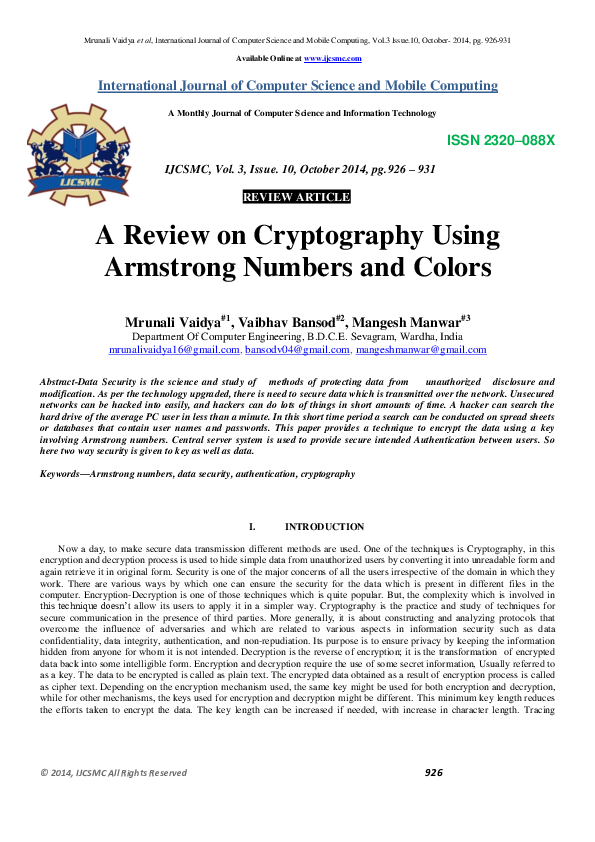(PDF) A Review on Cryptography Using Armstrong Numbers and Colors﻿