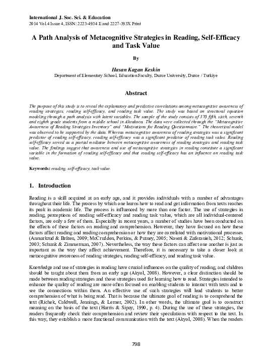 (PDF) A Path Analysis of Metacognitive Strategies in Reading, Self-Efficacy and Task Value