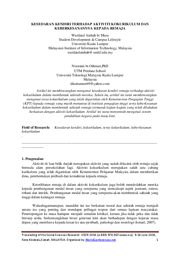 (DOC) KESEDARAN KENDIRI TERHADAP AKTIVITI KOKURIKULUM DAN ...