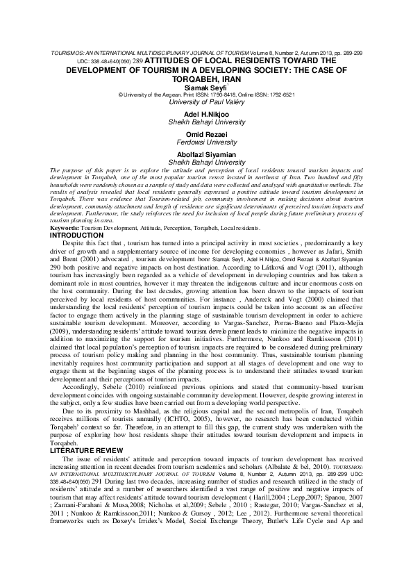 (PDF) ATTITUDES OF LOCAL RESIDENTS TOWARD THE DEVELOPMENT OF TOURISM IN ...