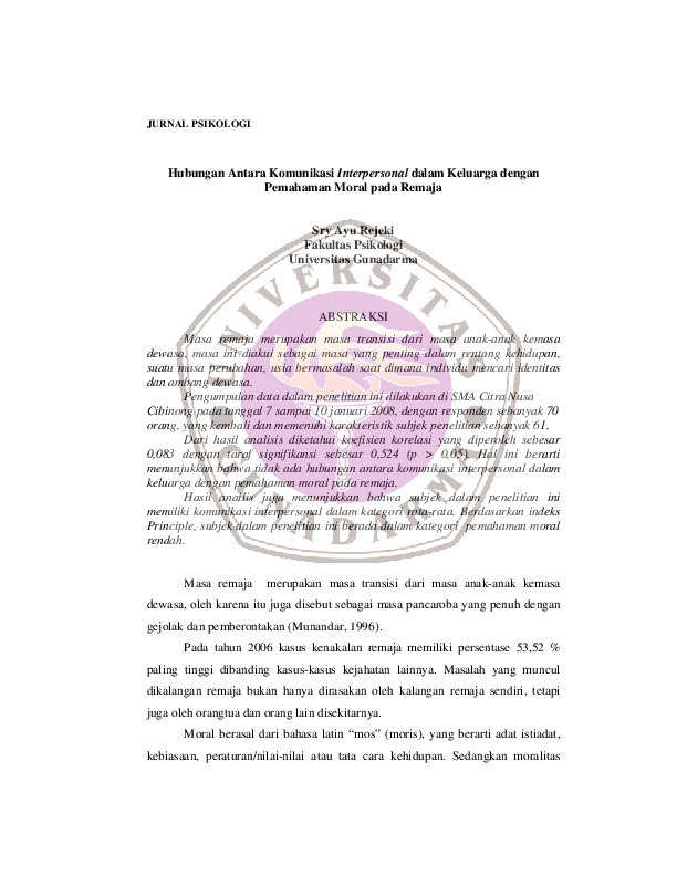 (PDF) Hubungan Antara Komunikasi Interpersonal dalam Keluarga dengan Pemahaman Moral pada Remaja