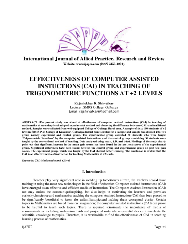 (PDF) EFFECTIVENESS OF COMPUTER ASSISTED INSTUCTIONS (CAI) IN TEACHING OF TRIGONOMETRIC ...