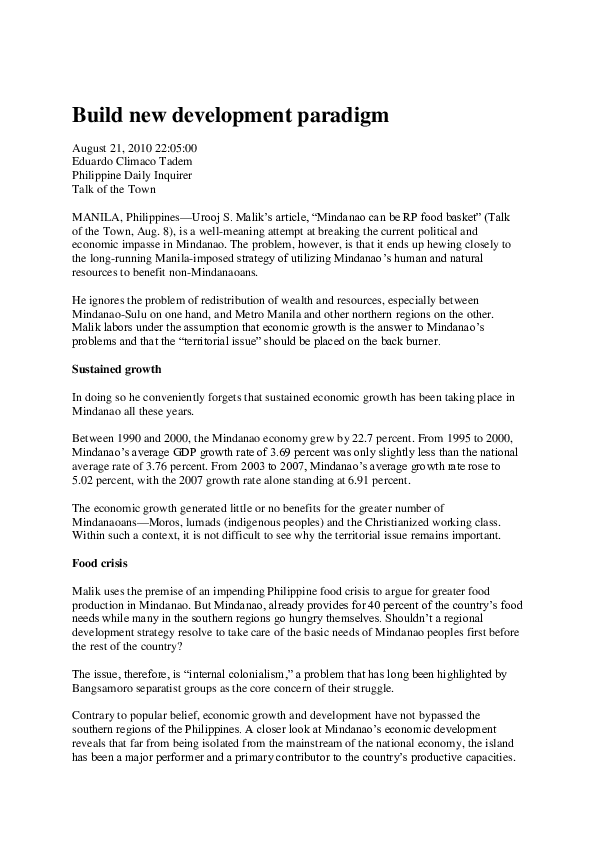 (DOC) Mindanao - Build a New Development Paradigm
