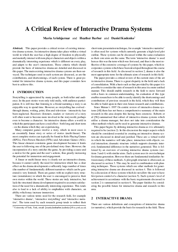 (PDF) A critical review of interactive drama systems