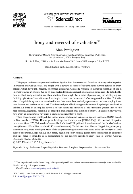 (PDF) Irony and reversal of evaluation (Journal of Pragmatics) | Alan ...