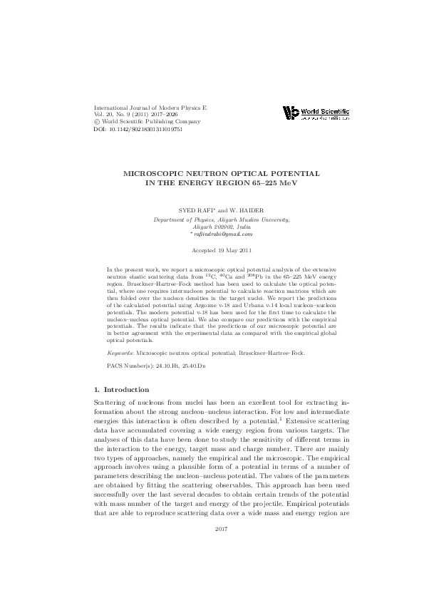 (PDF) MICROSCOPIC NEUTRON OPTICAL POTENTIAL IN THE ENERGY REGION 65–225 MeV