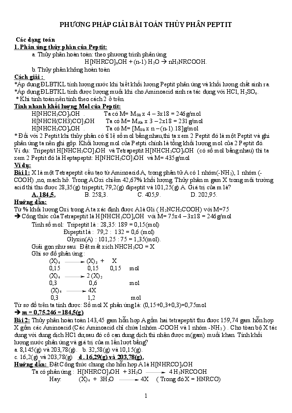 (DOC) PH NG PHÁP GI I BÀI TOÁN TH Y PHÂN PEPTIT Các d ng toán
