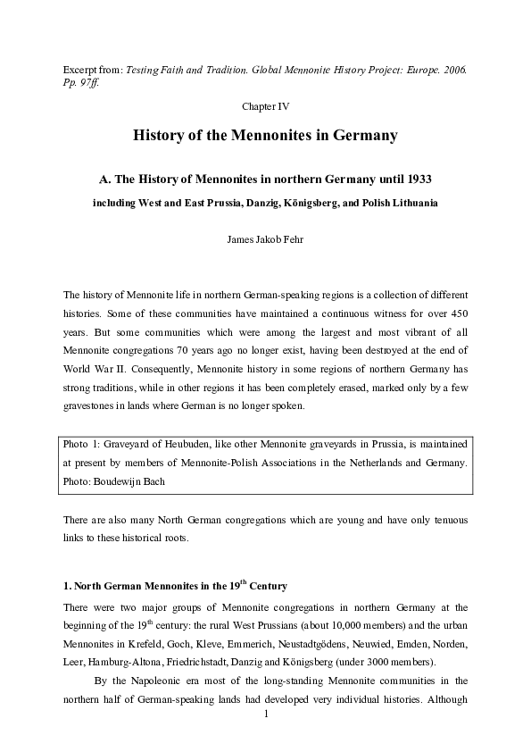 (PDF) The History of Mennonites in Northern Germany until 1933