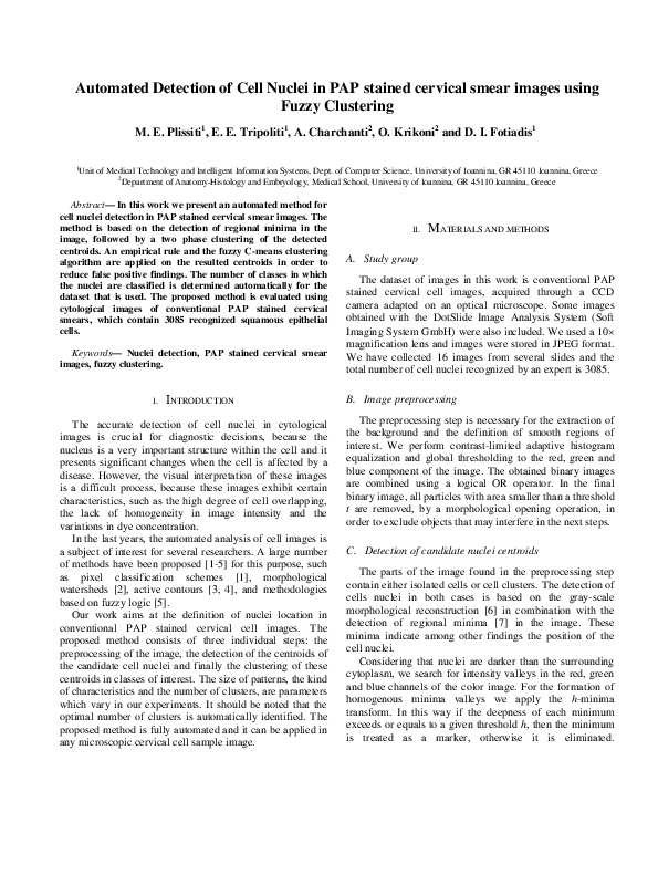 Pdf Automated Detection Of Cell Nuclei In Pap Stained Cervical Smear Images Using Fuzzy Clustering