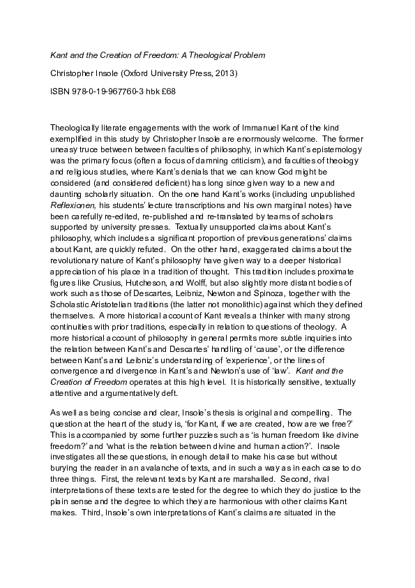 (DOC) Christopher Insole /Kant and the Creation of Freedom/ (OUP, 2013)