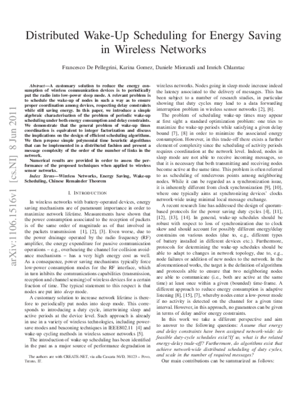 Pdf Distributed Wake Up Scheduling For Energy Saving In Wireless