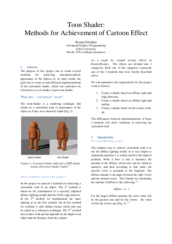(PDF) Toon Shader: Methods for Cartoon-like Rendering