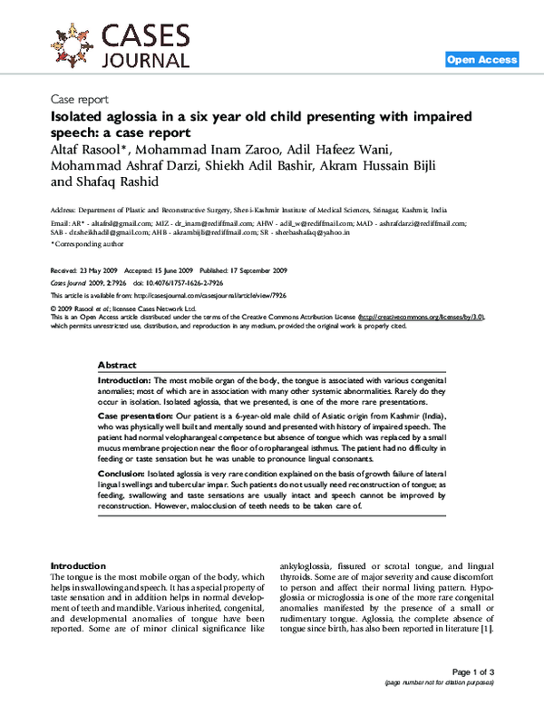 (PDF) Isolated aglossia in a six year old child presenting with ...